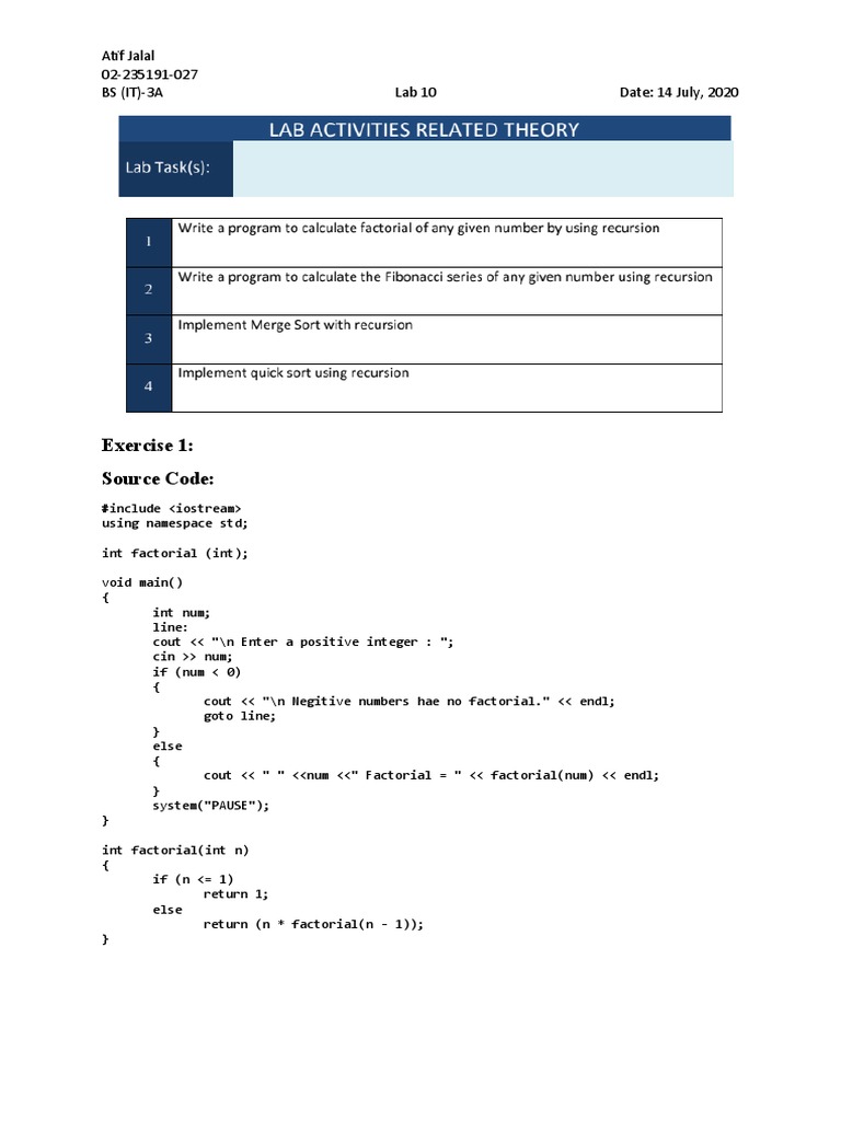 Exercise 1: Source Code:: Atif Jalal 02-235191-027 BS (IT) - 3A Lab 10 ...