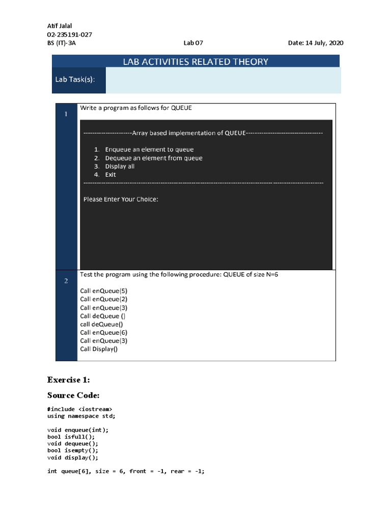 Atif Jalal 02-235191-027 BS (IT) - 3A Lab 07 Date: 14 July, 2020 | PDF ...