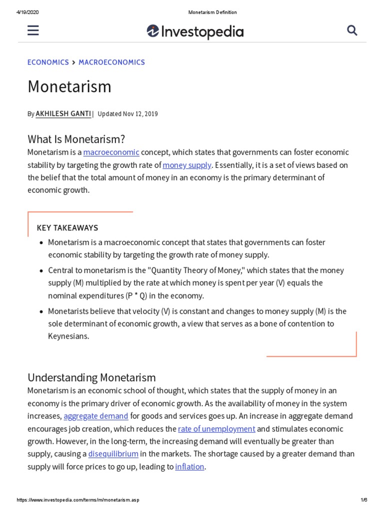 Monetarism Definition | PDF | Monetarism | Money Supply