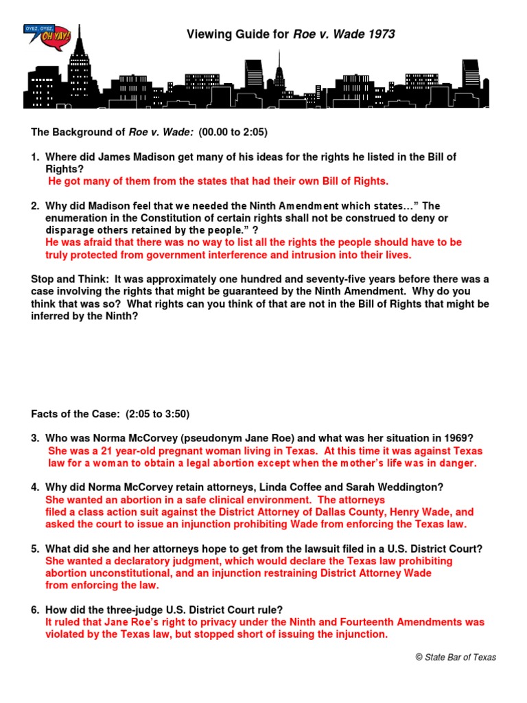 Viewing Guide For Roe v. Wade 1973: © State Bar of Texas | PDF | Roe V ...