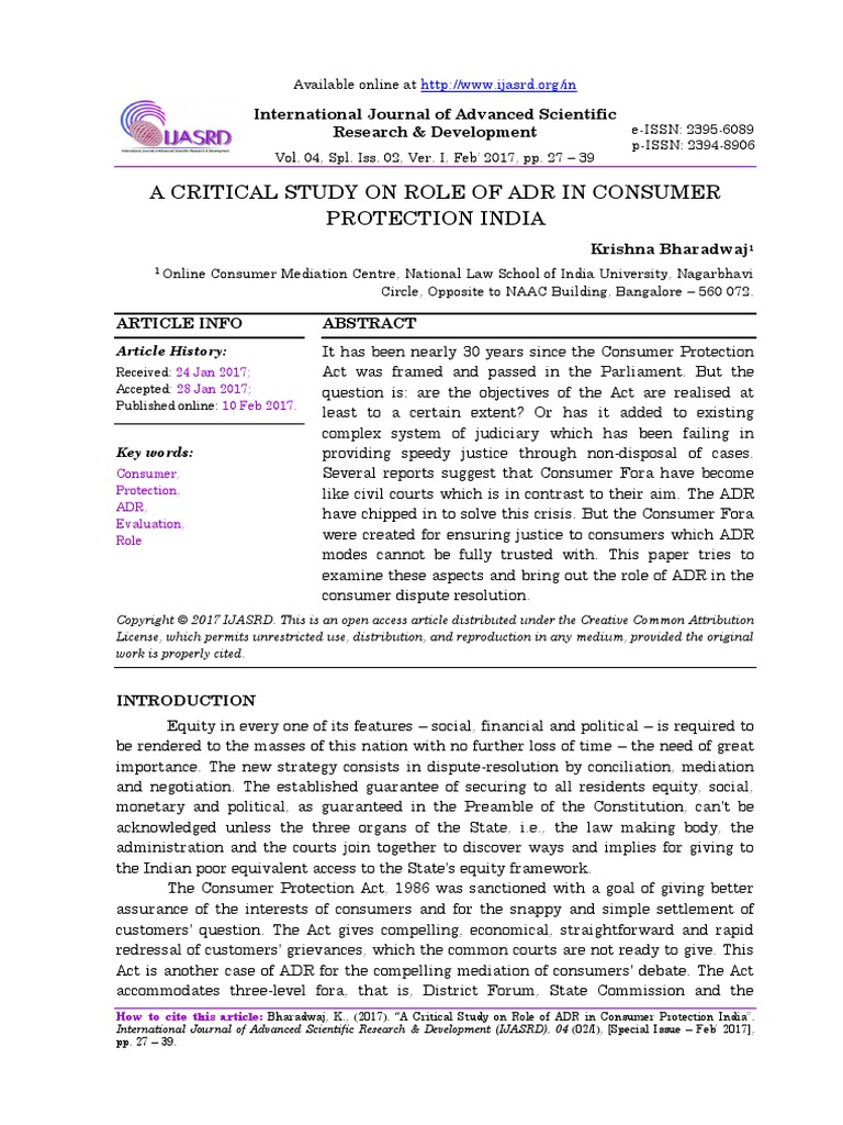 A Critical Study On Role of Adr in Consumer Protection India | PDF ...