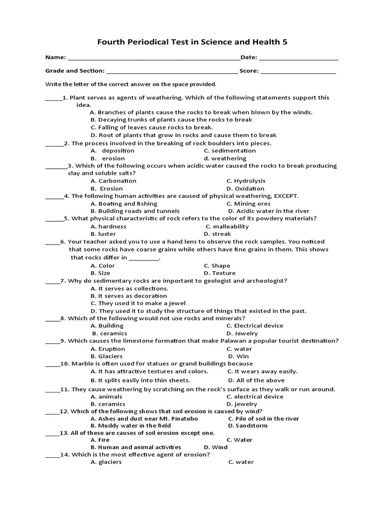 Preparing for Natural Hazards: A Science Test on Weathering, Erosion ...