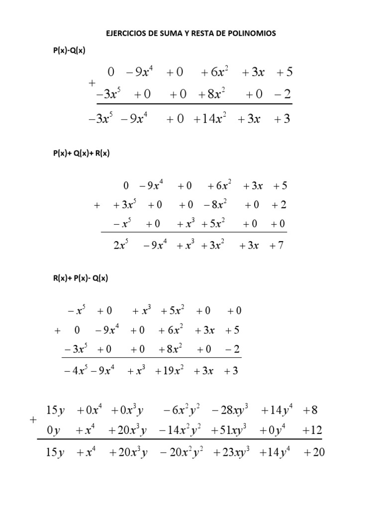 Ejercicios de Suma y Resta de Polinomios | PDF