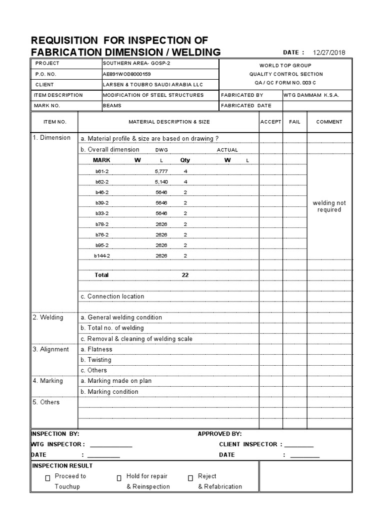 Fabrication Inspection | PDF | Welding | Construction