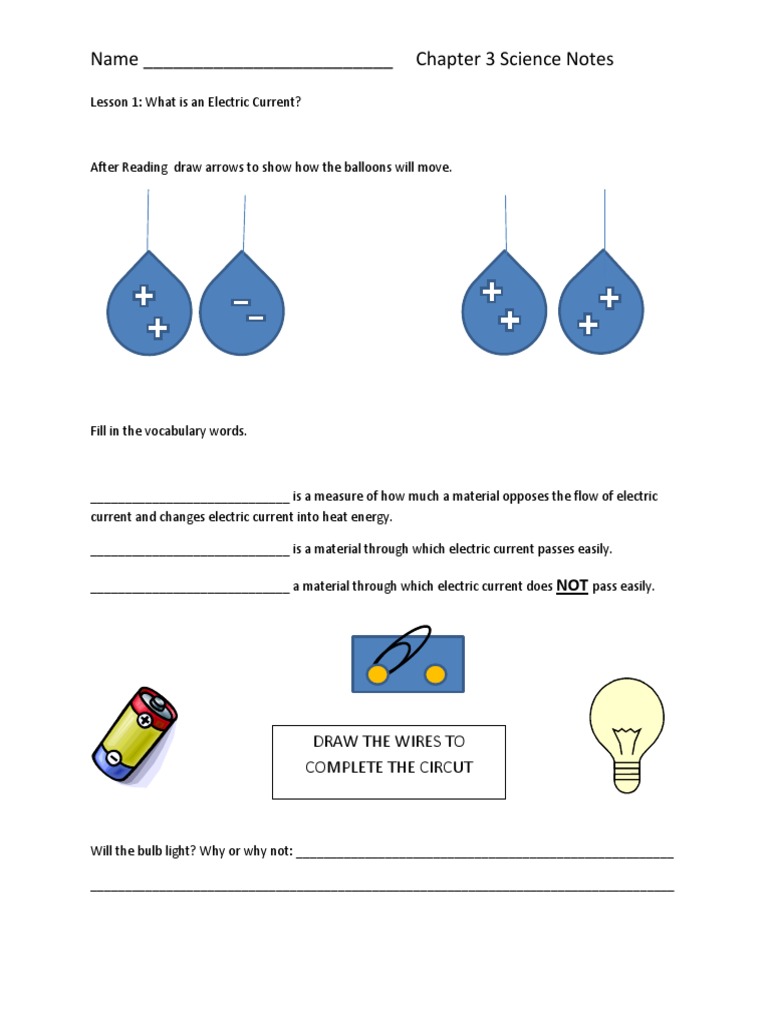 Name - Chapter 3 Science Notes: Draw The Wires To Complete The Circut ...