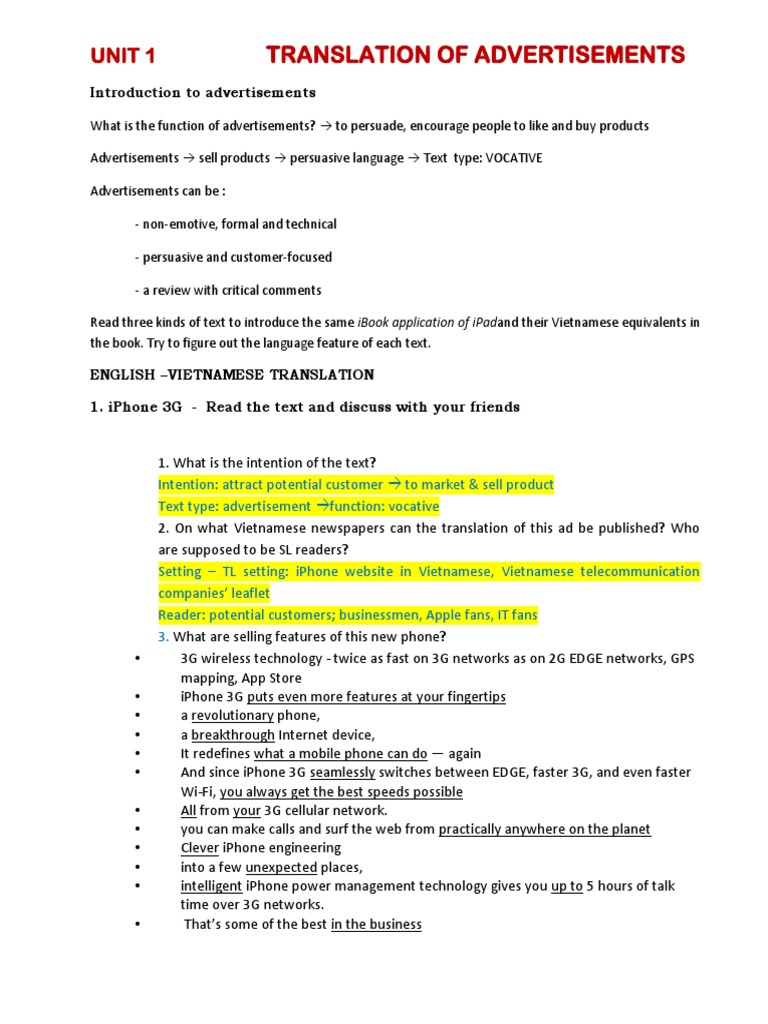 Translation of Advertisements: Unit 1 | PDF | 3 G | I Phone