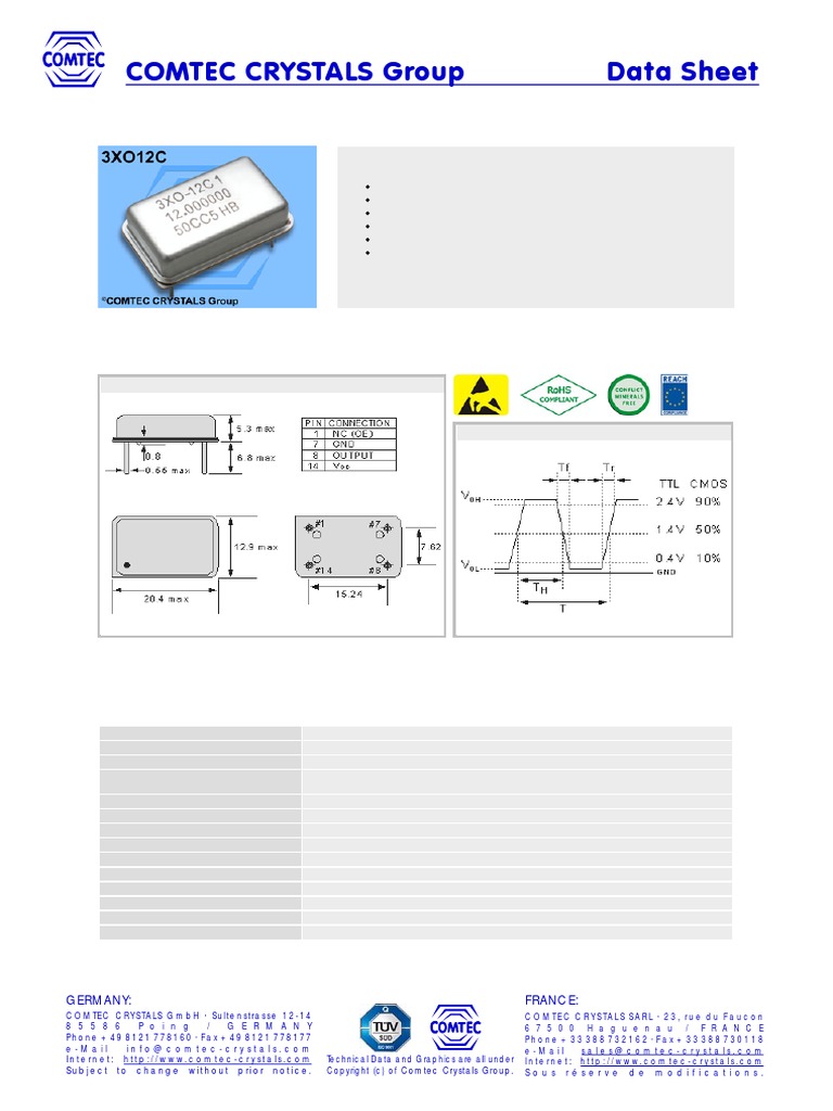 Comtec Crystals Group Data Sheet: Crystal Clock Oscillator 3XO-12C3.3 DIL14 3.3V | PDF | Cmos ...