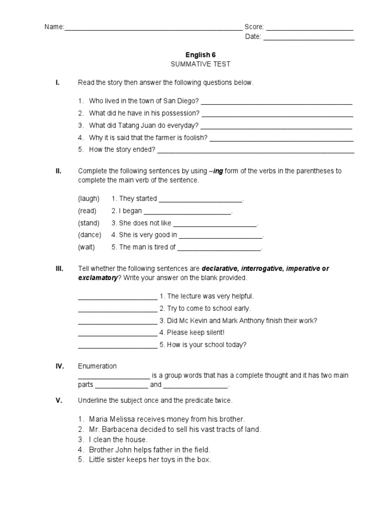 Grade 6 English Summative Test 1 | PDF | Language Arts & Discipline ...