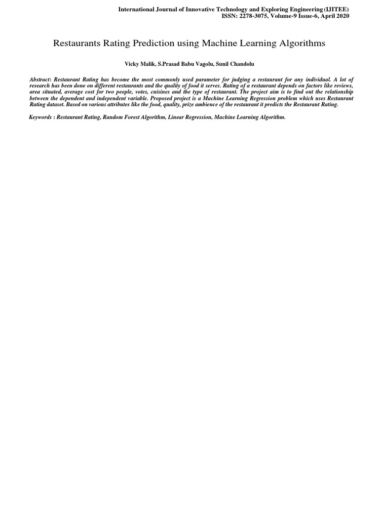 Restaurants Rating Prediction Using Machine Learning Algorithms | PDF