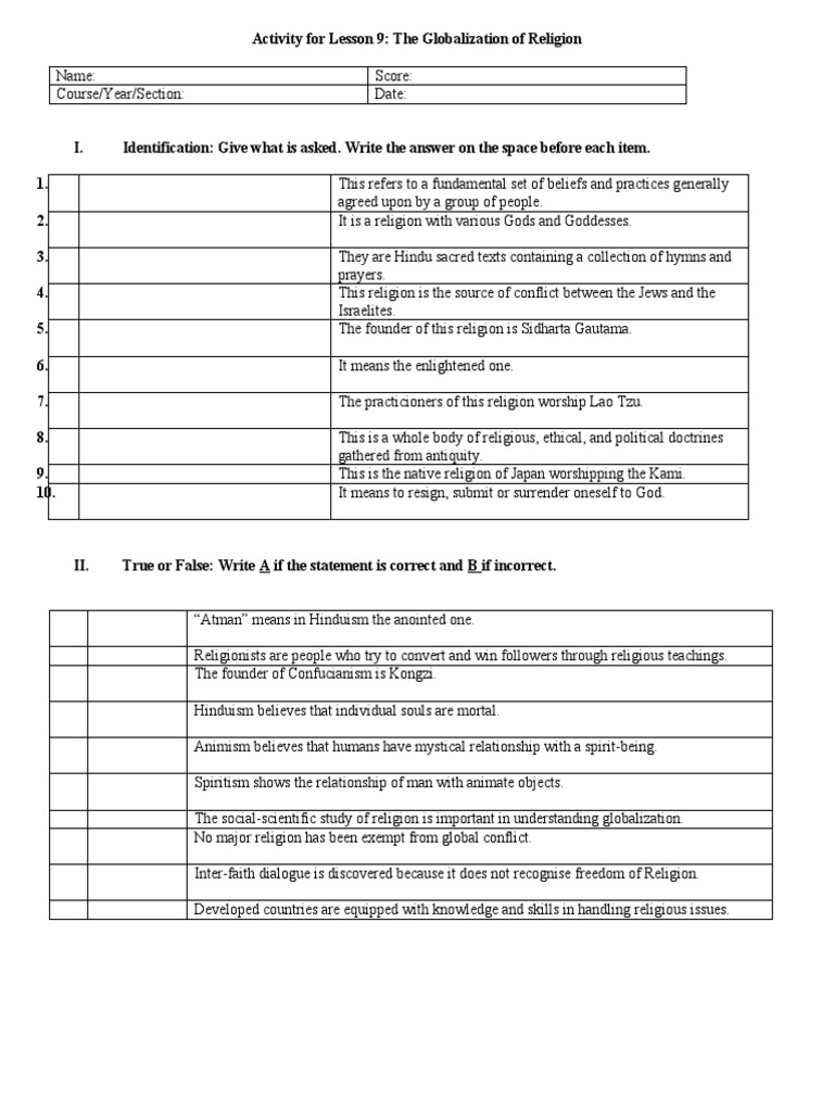 Activity For Lesson 9: The Globalization of Religion | PDF | Religious ...
