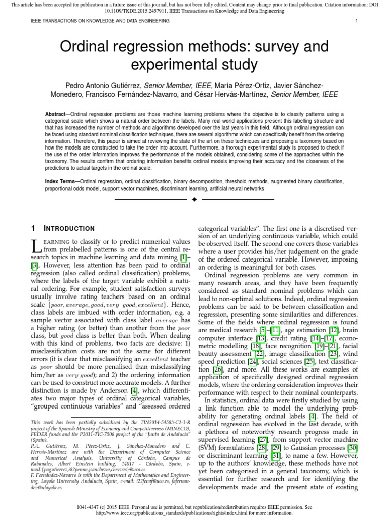 Ordinal Regression Methods: Survey and Experimental Study | PDF ...