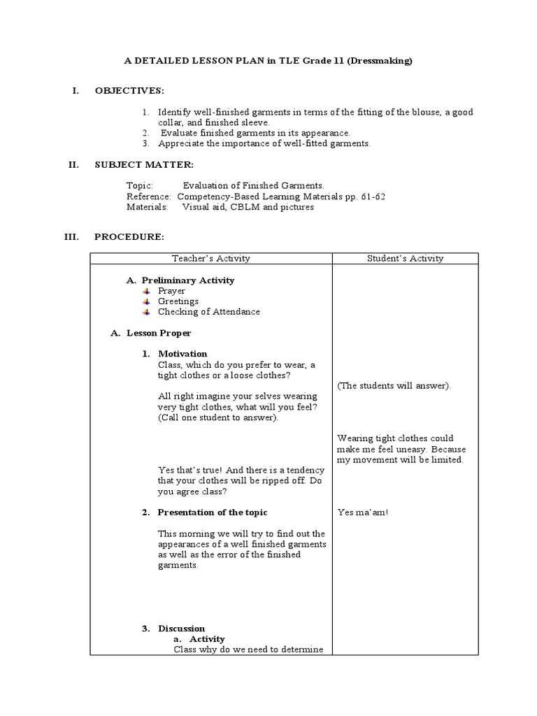 Evaluating Finished Garments Lesson Plan | PDF | Blouse | Lesson Plan