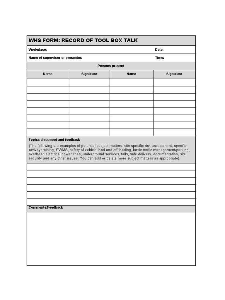 WHS Tool Box Talk Record Form | PDF