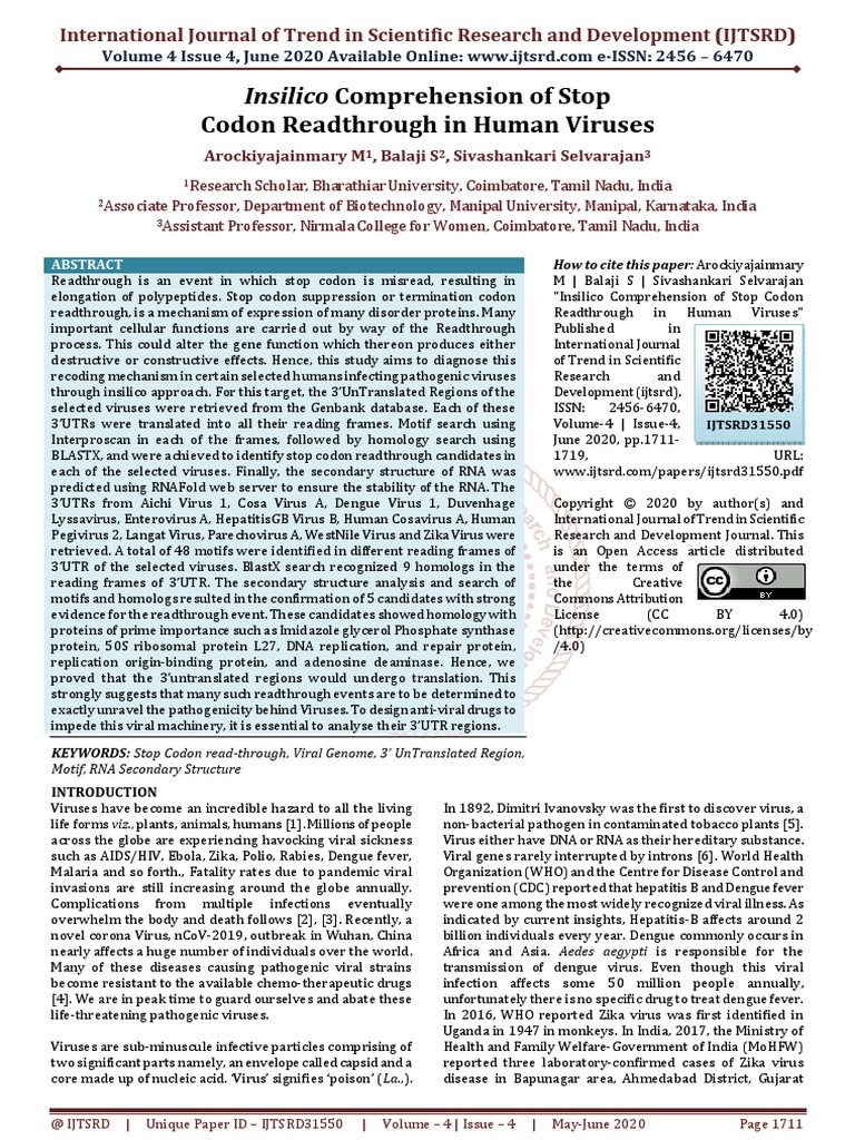 Insilico Comprehension of Stop Codon Readthrough in Human Viruses | PDF ...
