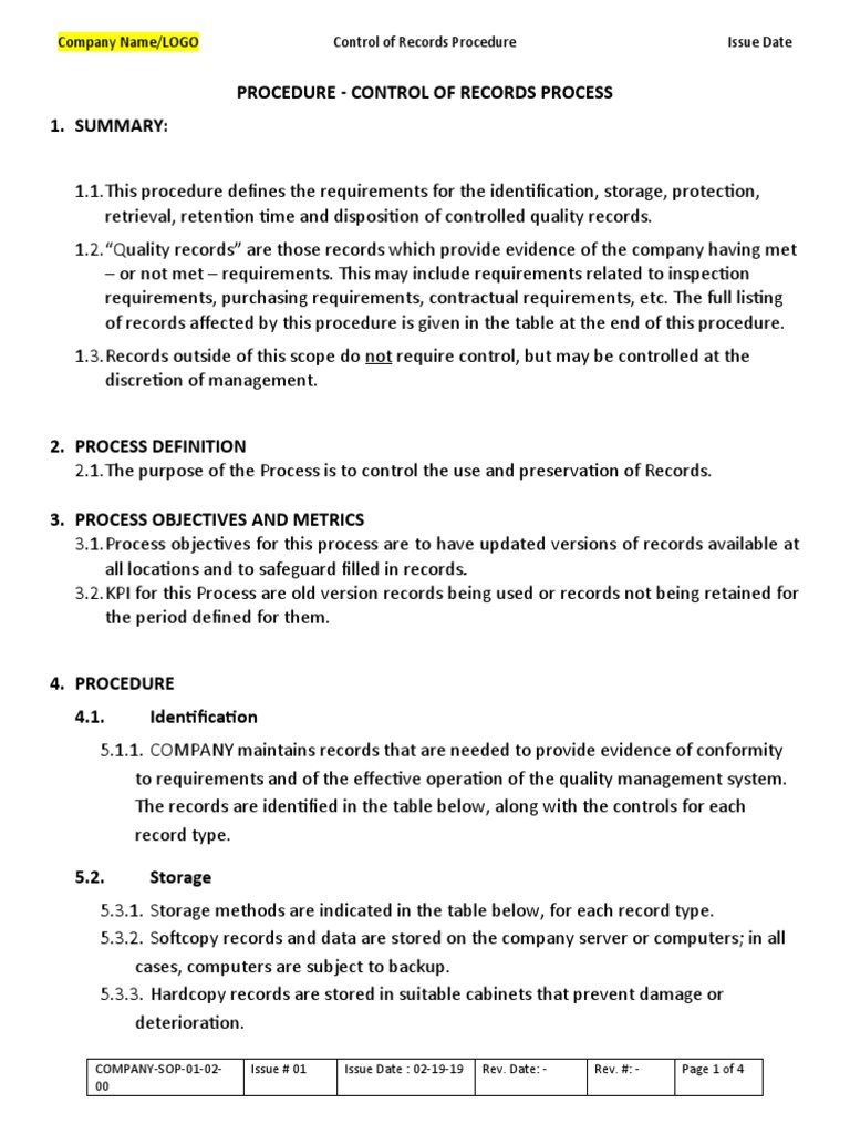 17 - Procedure - Control of Records Process | PDF | Records Management ...