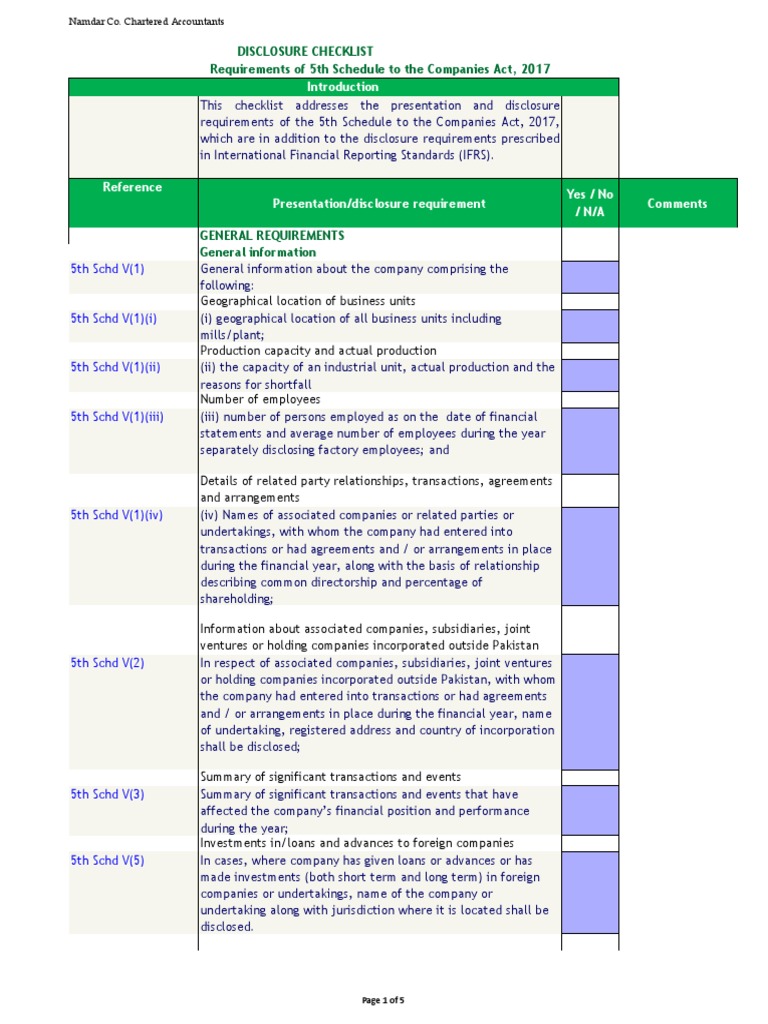 Disclosure Checklist 5th Schedule To The Companies Act 2017 | PDF ...