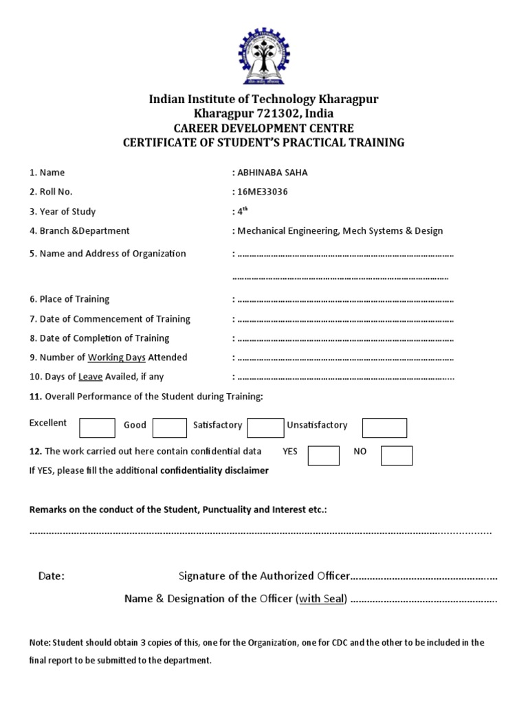 IIT Kharagpur Internship Feedback Form 2020 | PDF