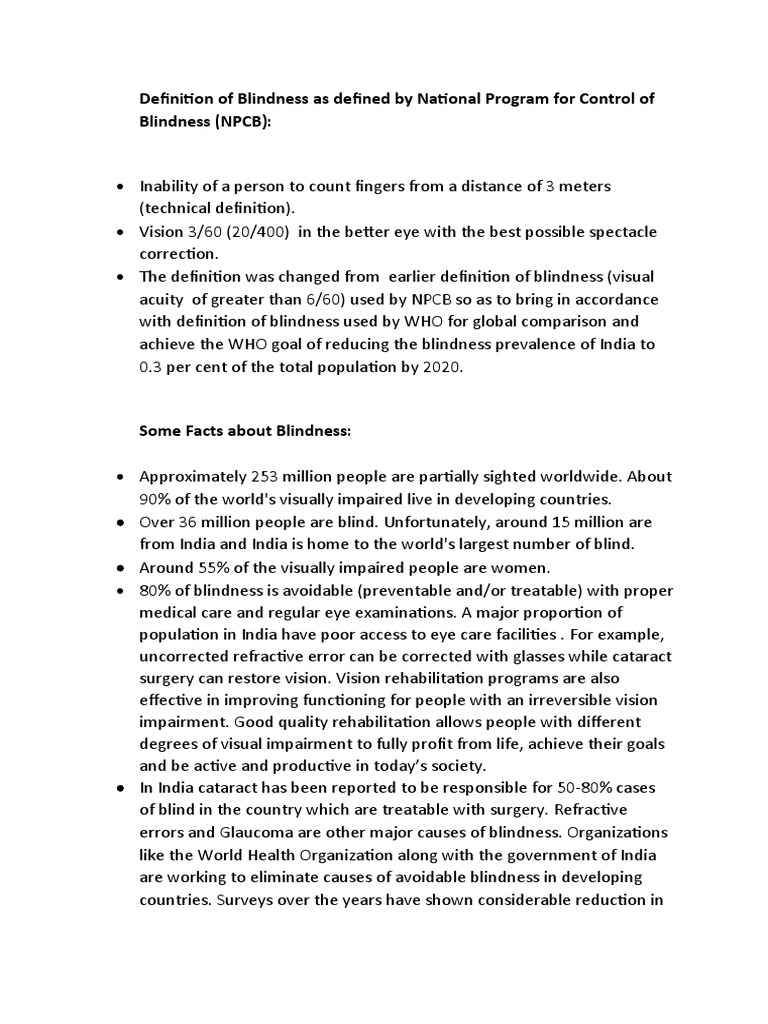 Definition of Blindness As Defined by National Program For Control of ...