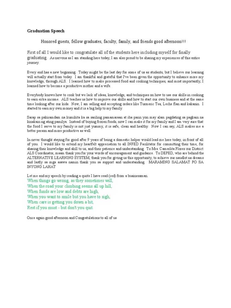 Student Graduation Speech | PDF | Cognition | Behavior Modification