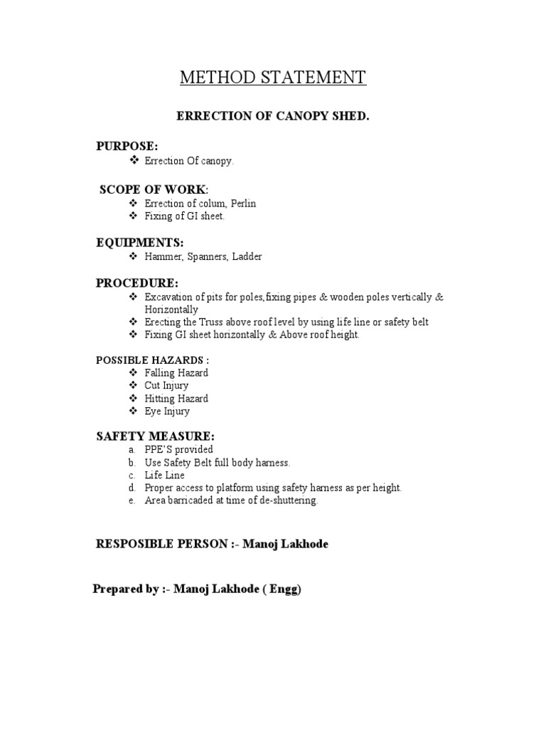 Method Statement: Errection of Canopy Shed. Purpose | PDF | Technology ...