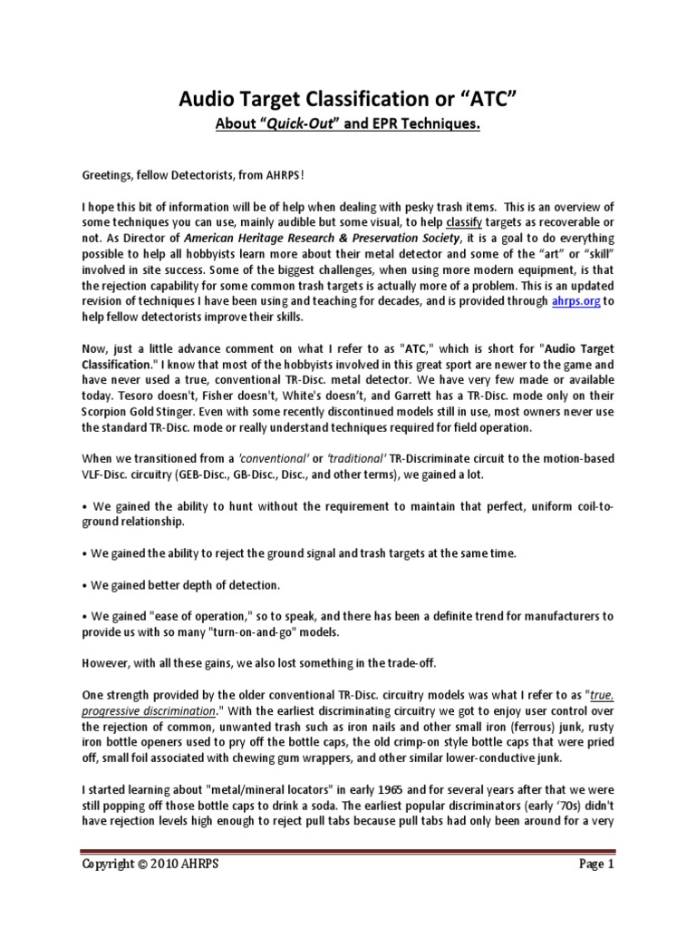 Audio Target Classification or "ATC": About "Quick-Out" and EPR ...