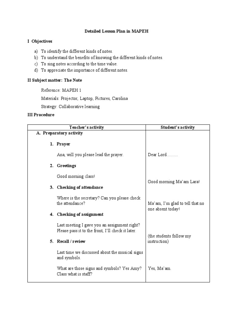 Detailed Lesson Plan in MAPEH I Objectives | PDF | Lesson Plan | Teaching