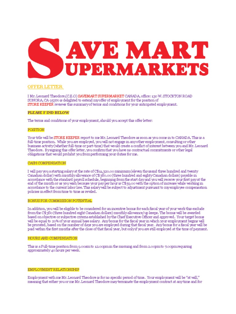 Savemart Supermarket Offer Letter | PDF | Compensation And Benefits ...