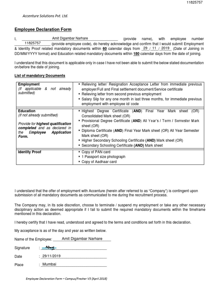 Employee Declaration Form: Accenture Solutions Pvt. LTD | PDF ...