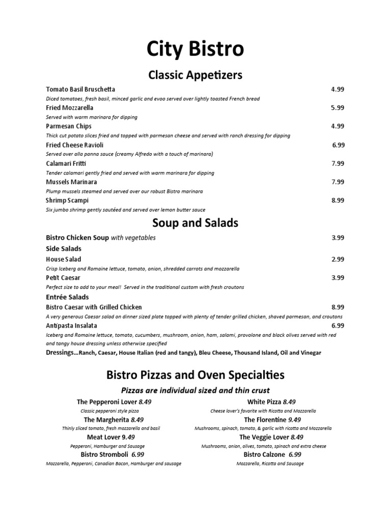 Limited Menus City Bistro | PDF | Salad | Pizza