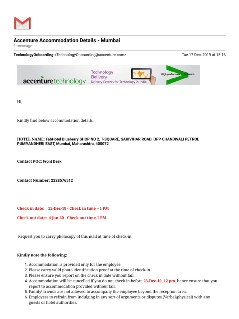Gmail - Accenture Accommodation Details - Mumbai | PDF
