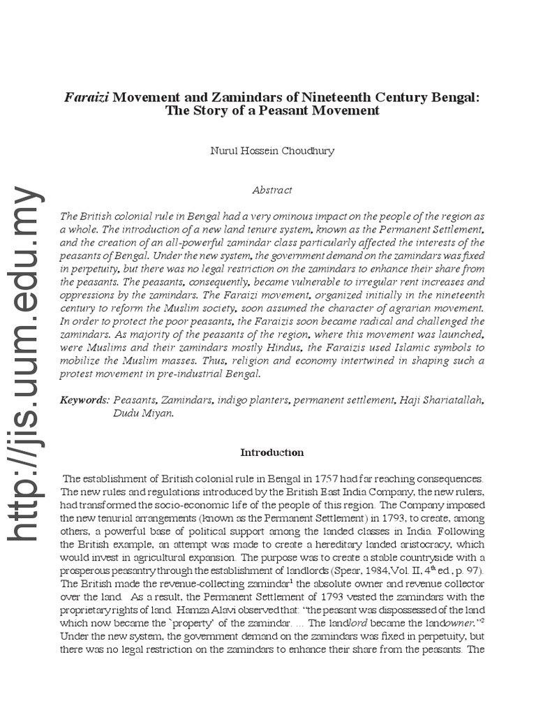 Faraizi Movement and Zamindars of Nineteenth Century Bengal | PDF ...