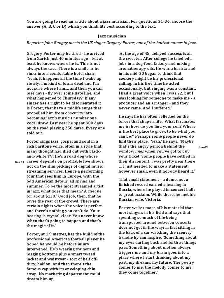 FCE Reading Part 5 - Jazz Musician | PDF | Entertainment (General)
