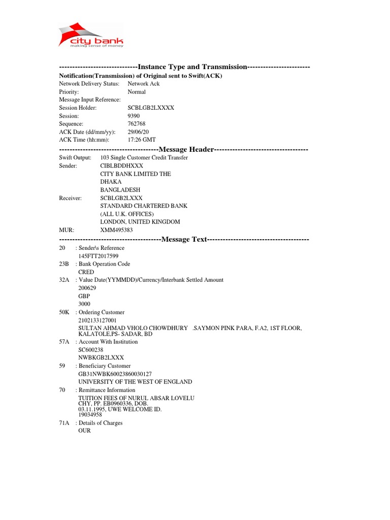 Notification (Transmission) of Original Sent To Swift (ACK) | PDF ...