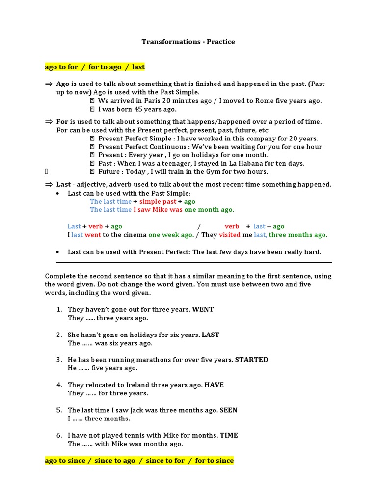 FCE - Key Word Transformations (For, Since, Ago) | PDF | Verb ...
