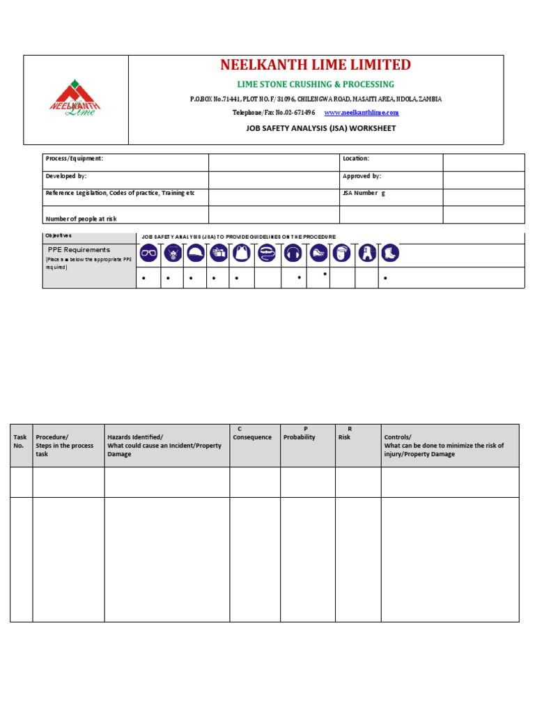 Neelkanth Lime Limited: Job Safety Analysis (Jsa) Worksheet | PDF ...
