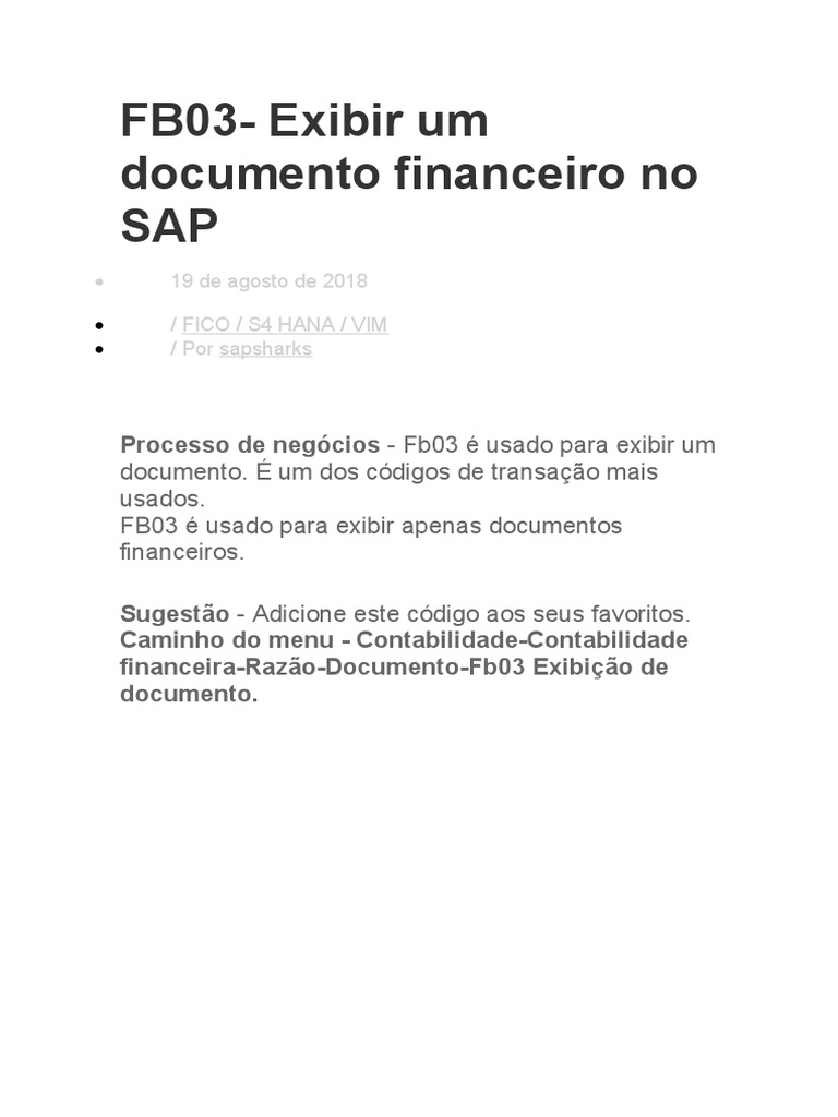 Exibir Documentos Financeiros no SAP FB03 | PDF | Negócios | Finanças e ...