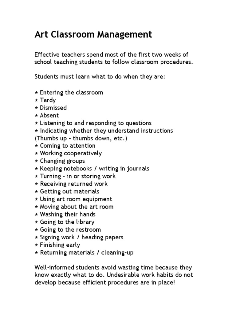 Art Classroom Management Procedures | PDF