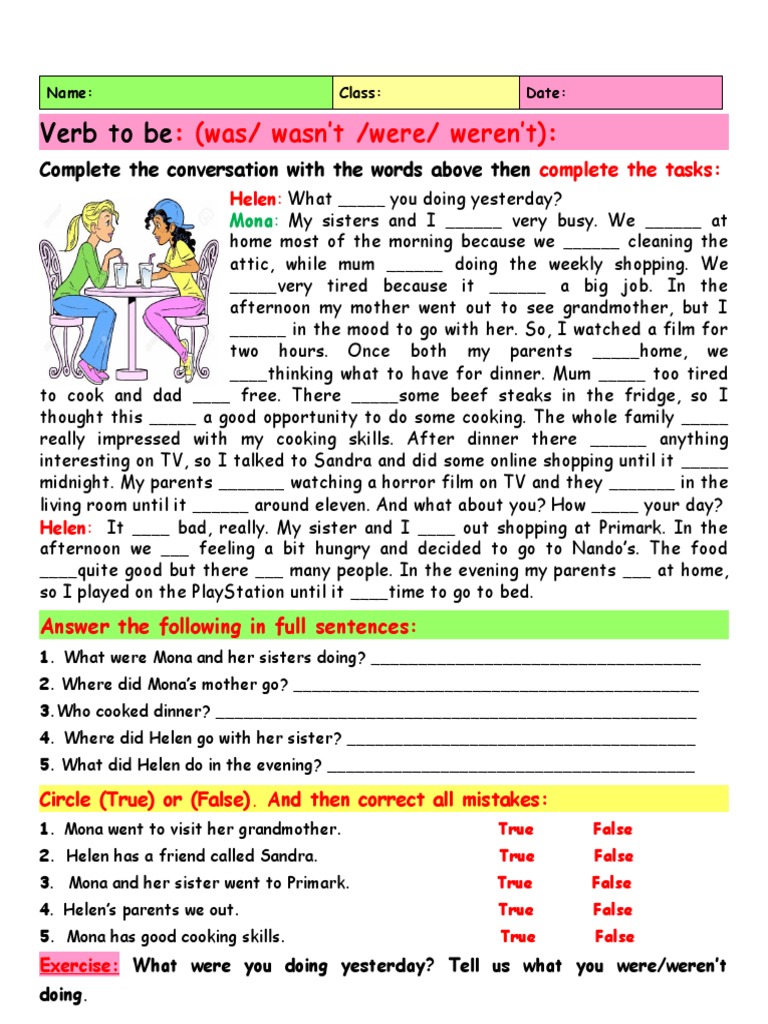 Verb To Be Waswasntwerewerent Grammar Drills Reading Comprehension ...