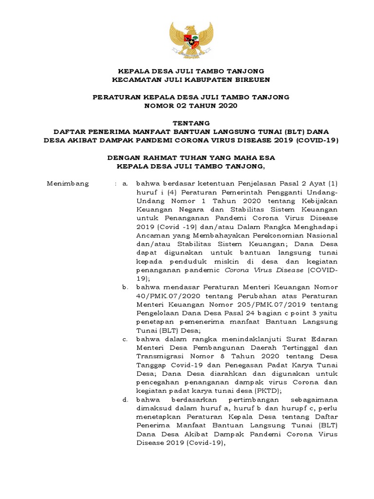 Perdes Penerima BLT Desa 2020-Contoh | PDF