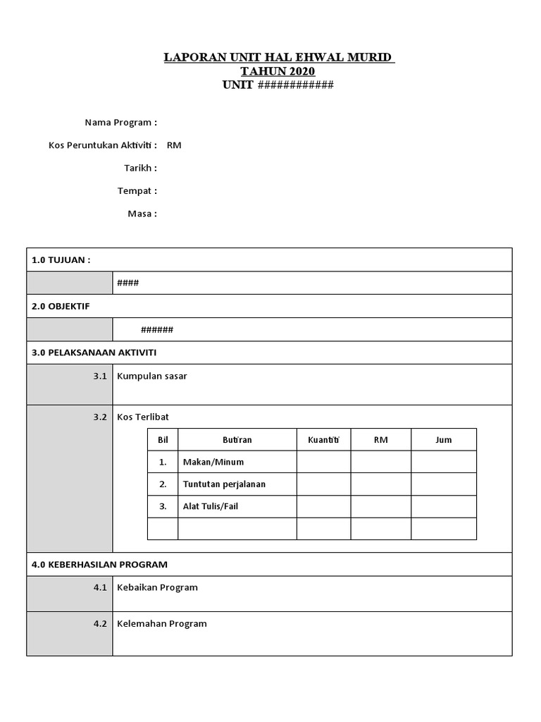 Contoh Laporan Unit Hem - Tahun 2020