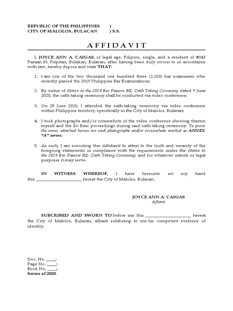 Affidavit: Republic of The Philippines) City of Malolos, Bulacan) S.S | PDF