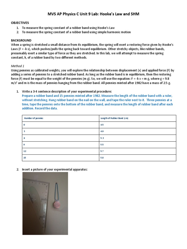 MVS AP Physics C Unit 9 Lab: Hooke's Law and SHM: Objectives | PDF ...