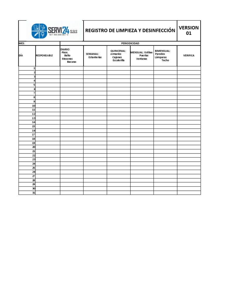 Formato de Limpieza y Desinfeccion | PDF