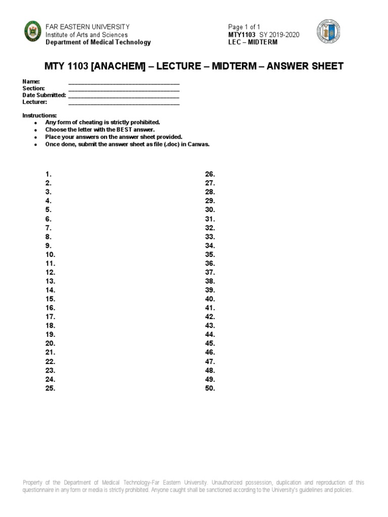Mty 1103 (Anachem) - Lecture - Midterm - Answer Sheet | PDF | Government | Justice