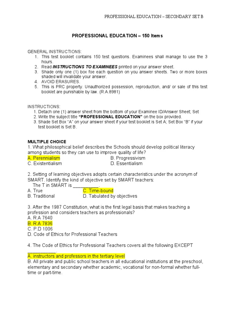 Professional Education Test: 150 Items | PDF | Curriculum | Teachers