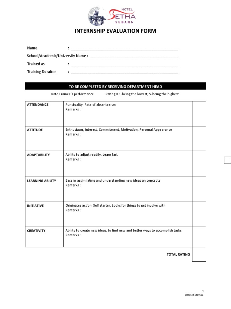 Internship Evaluation Form Template | PDF | Career & Growth