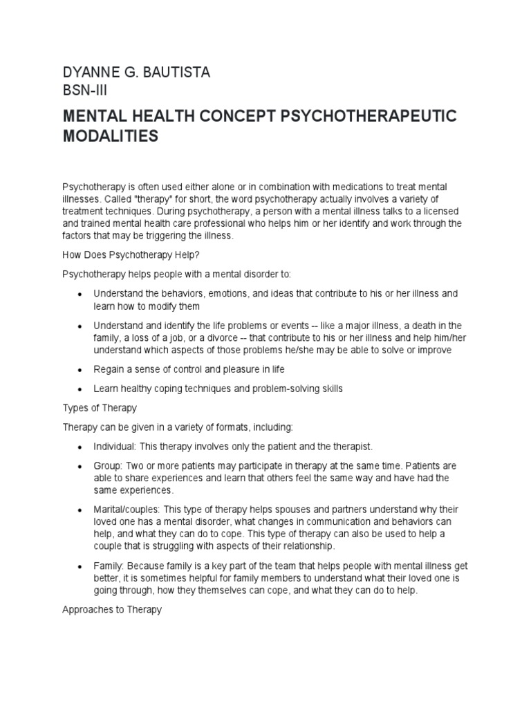 MENTAL HEALTH CONCEPT PSYCHOTHERAPEUTIC MODALITIES-monday | PDF ...