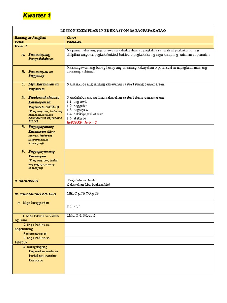 Lesson Exemplar in EsP WK 1 | PDF