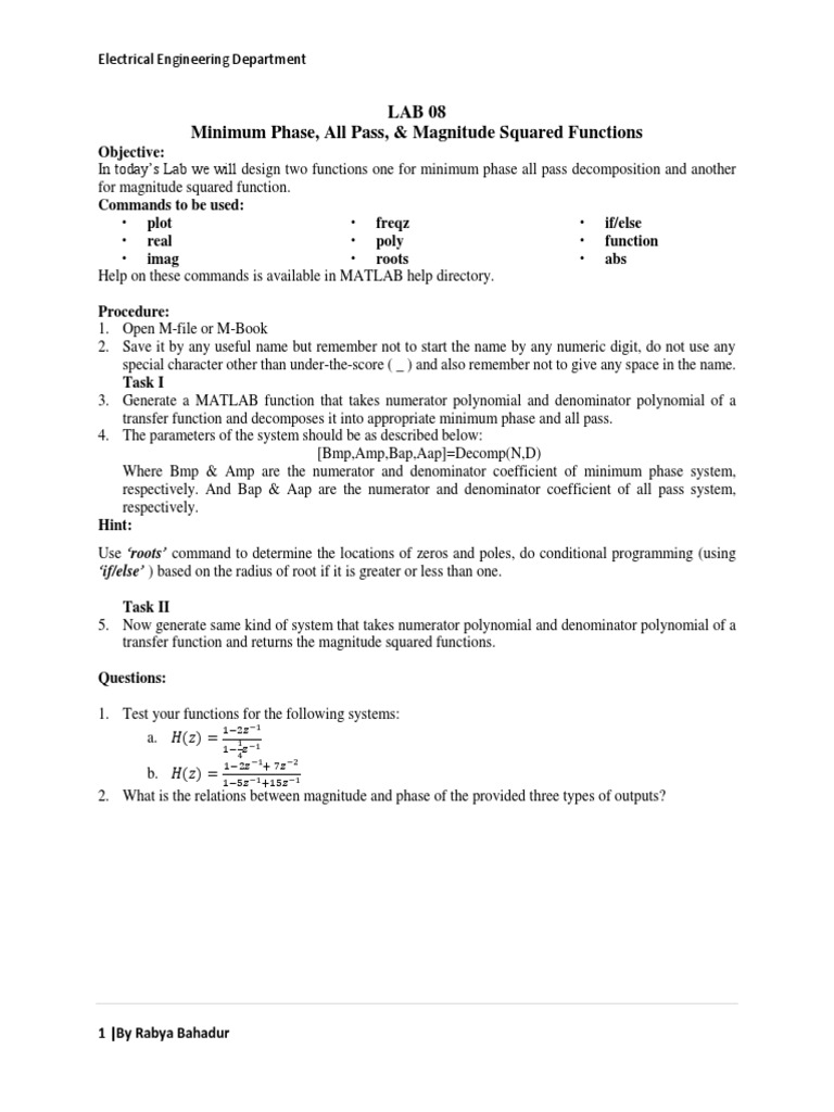 LAB 08 Minimum Phase, All Pass, & Magnitude Squared Functions | PDF | Computers