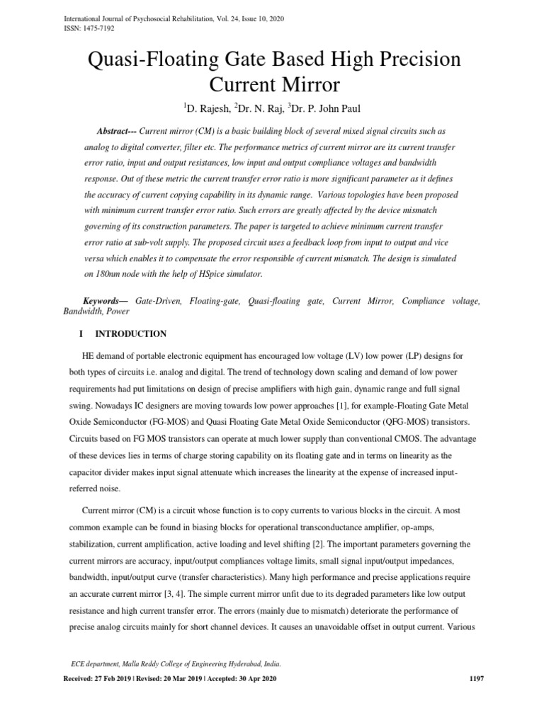 Quasi-Floating Gate Based High Precision Current Mirror: D. Rajesh, Dr ...